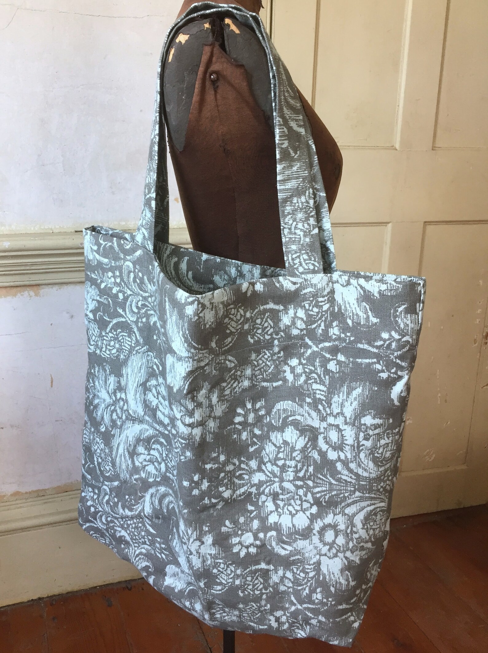 Large Handmade Toile Fabric Tote Bag Grey and Pale Blue Heavy - Etsy
