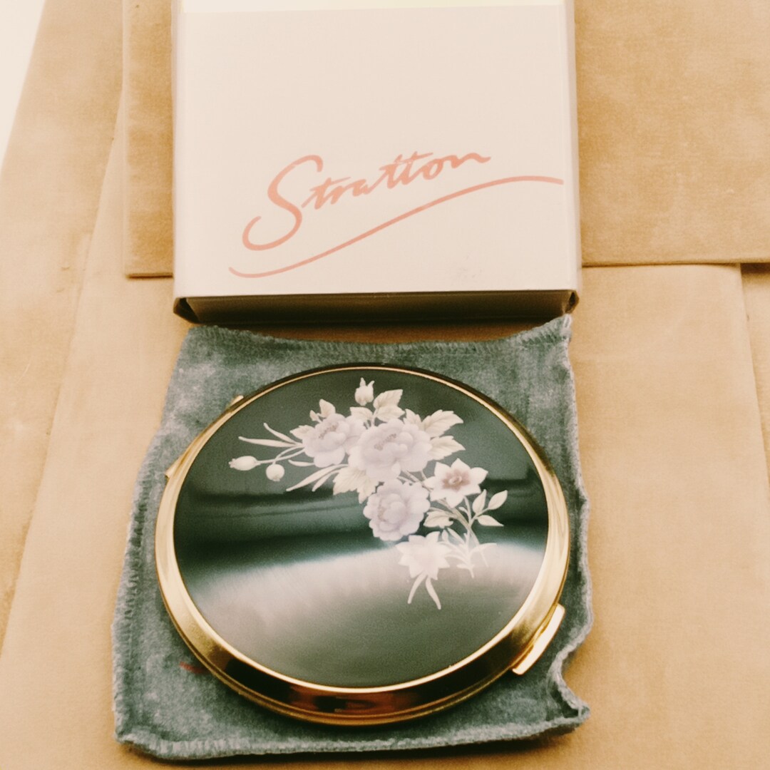 Vintage Stratton Compact 1980s Unused Boxed, Black Enamel Flowers ...