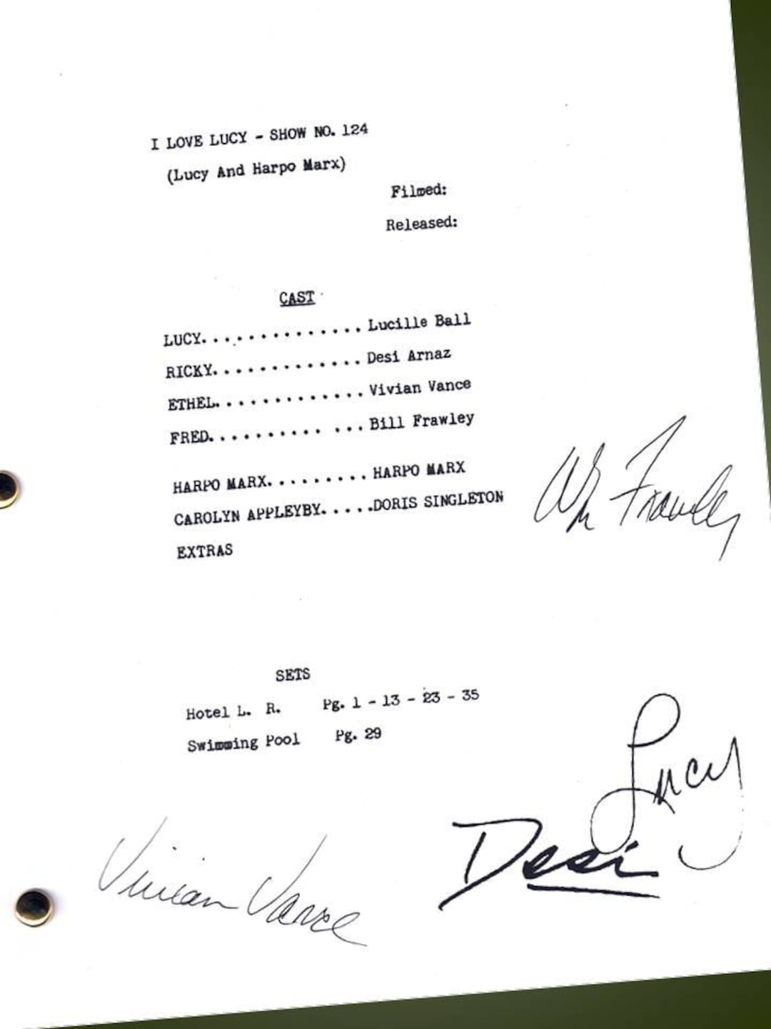I Love Lucy TV Script Harpo Marx Signed Lucille Ball, Desi Arnaz ...