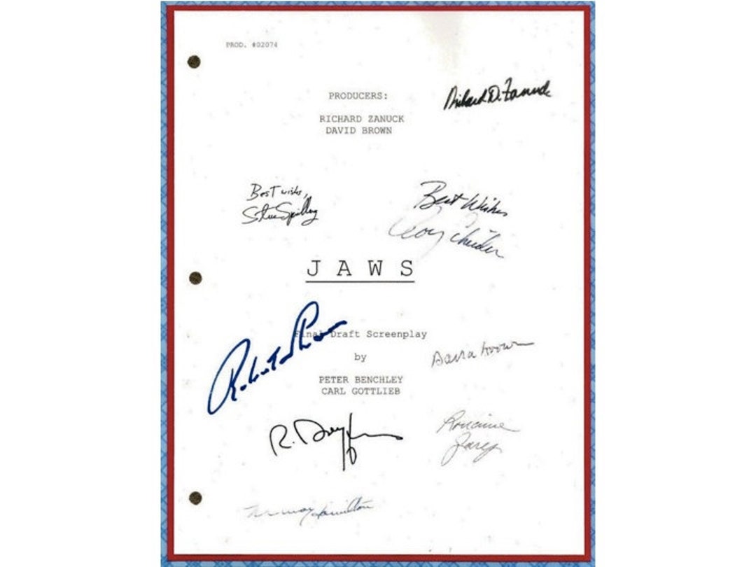 Jaws Movie Script Signed Autographed Steven Spielberg, Roy Scheider, Richard Dreyfuss, Robert ...