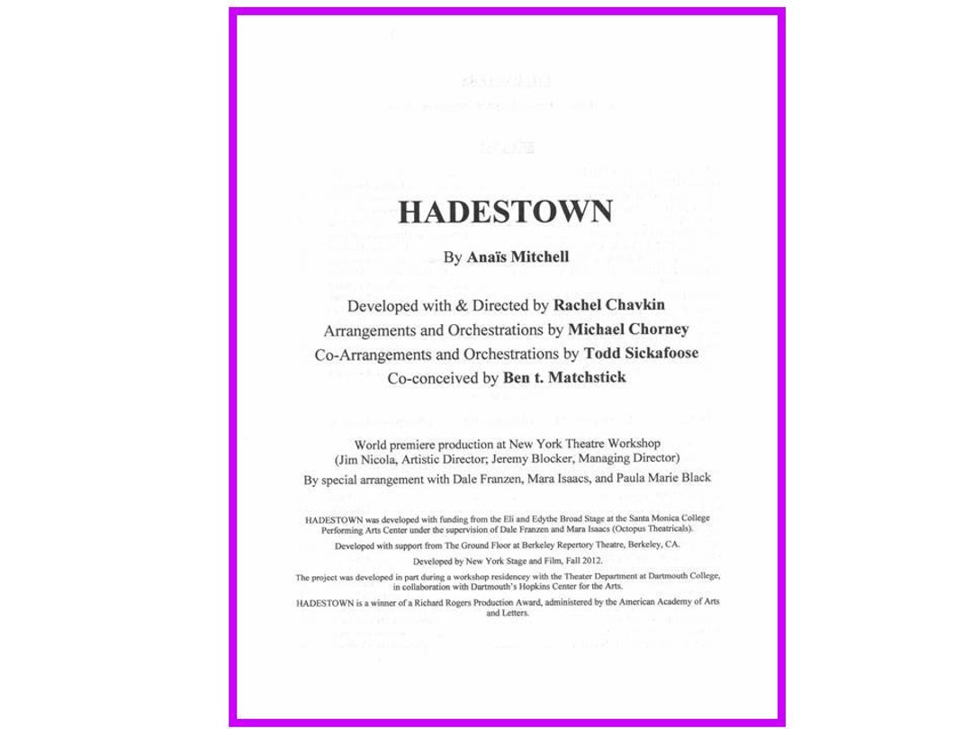 Hadestown New York Theatre Workshop Musical Script May 2016 - Etsy