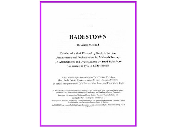 Hadestown New York Theatre Workshop Musical Script May 2016 | Etsy