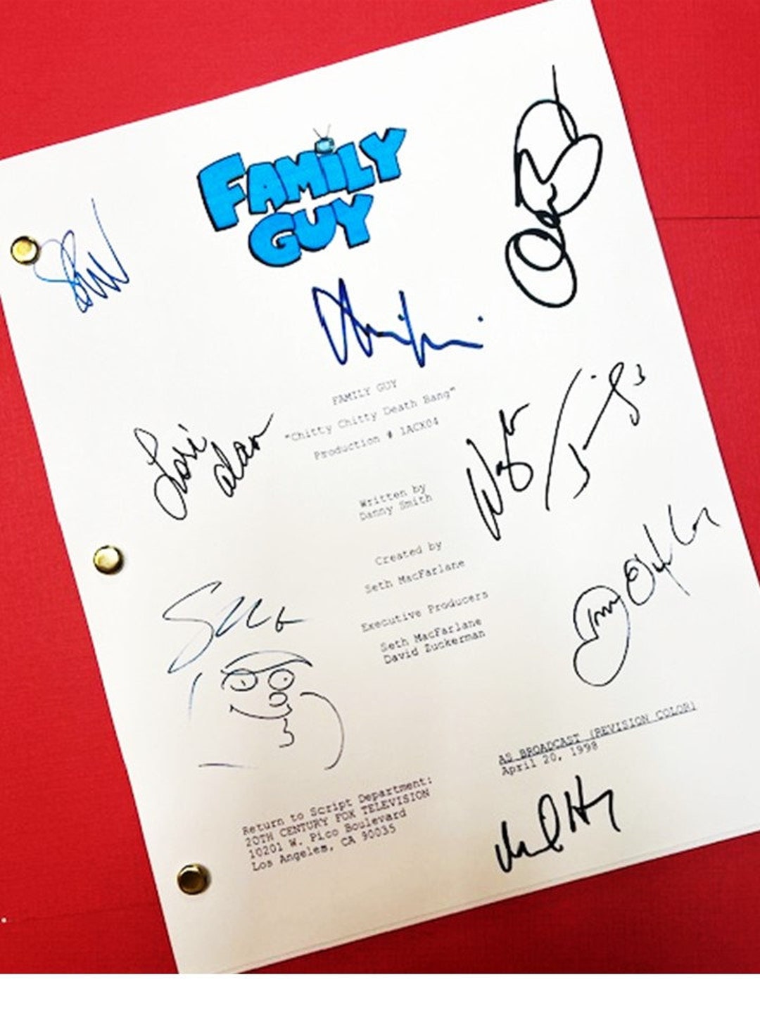 Family Guy Chitty Chitty Death Bang Script Signed Seth Macfarlane, Seth Green, Waylon Jennings ...
