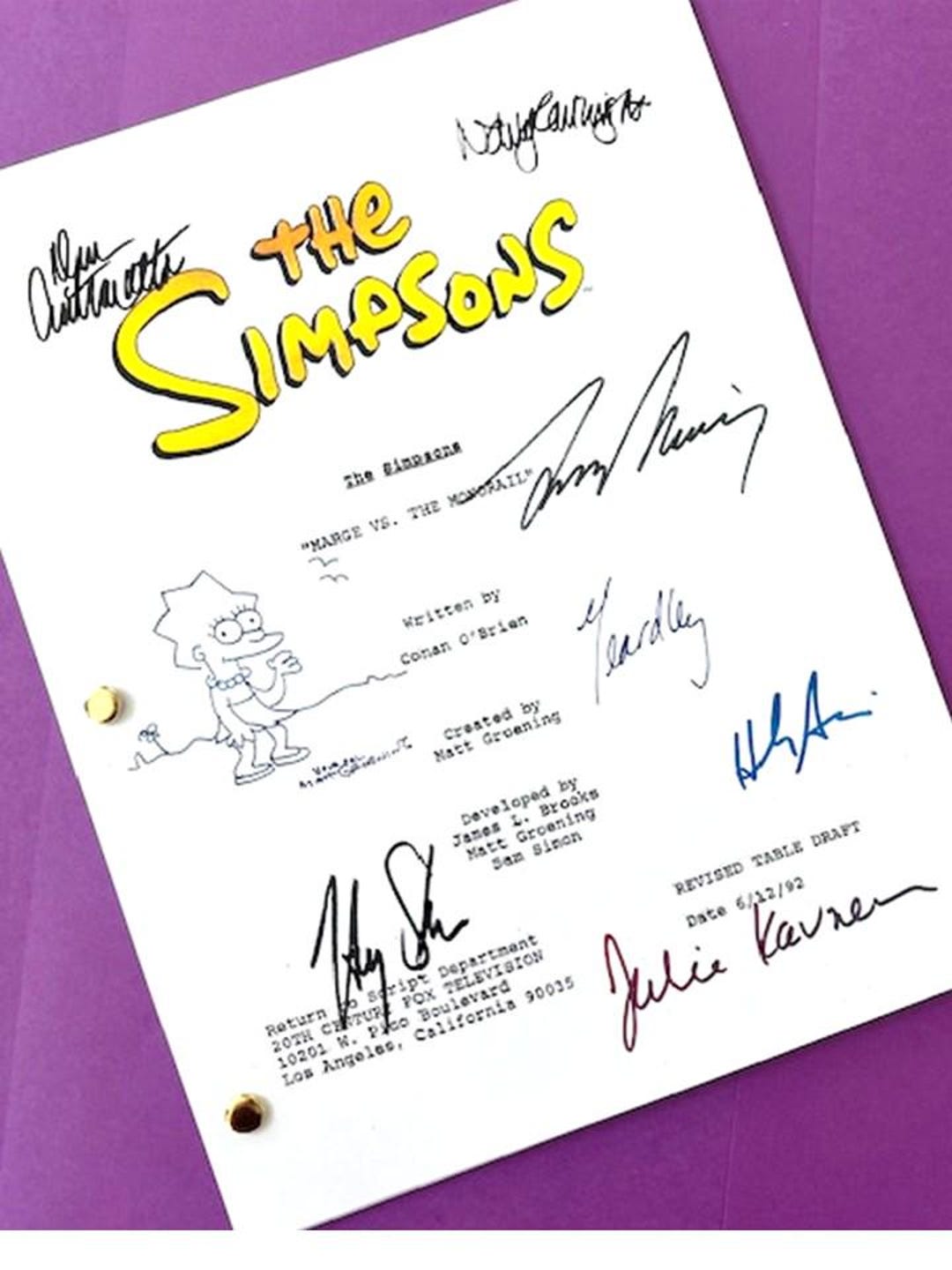 SIMPSONS Marge Vs. the Monorail TV Script Signed Matt Groening, Dan ...