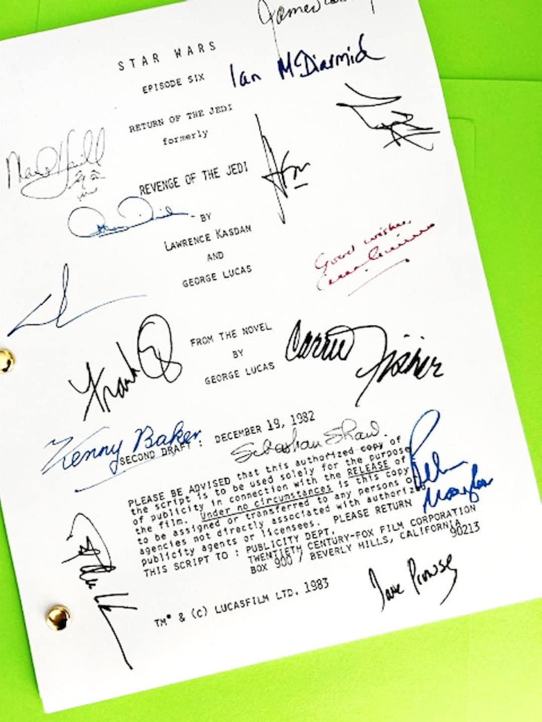 Star Wars Return of the Jedi Movie Script Signed Mark Hamill, Harrison ...