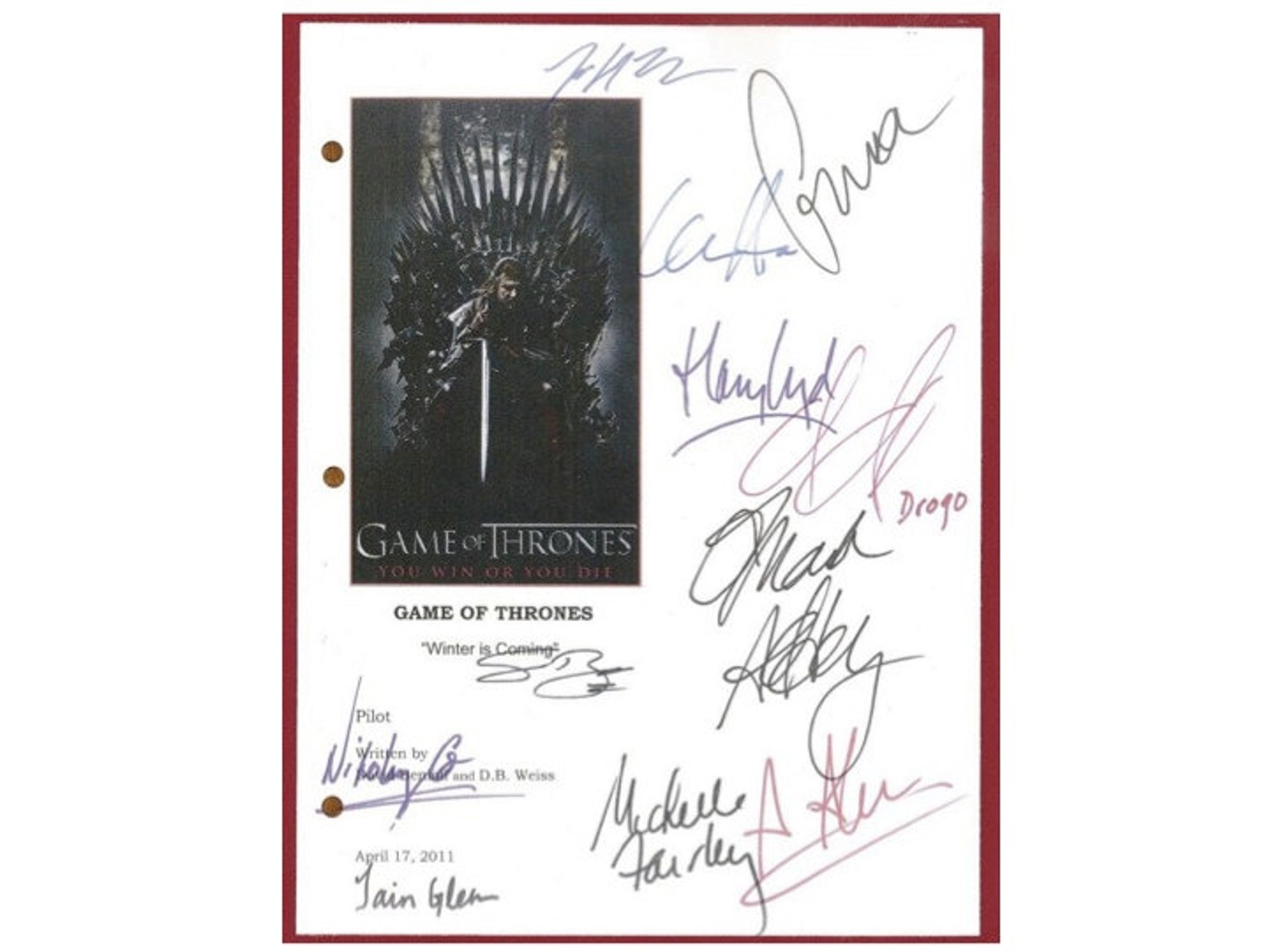 Game of Thrones TV Pilot Script Signature Autographs: Mark Addy, Alfie ...