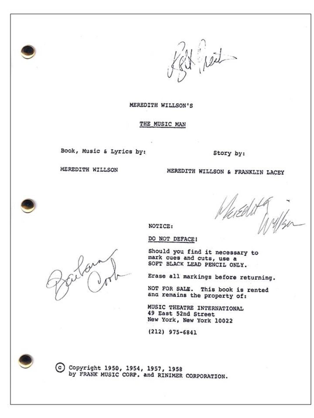 The Music Man Script Broadway Lyrics Signed Robert Preston, Barbara ...