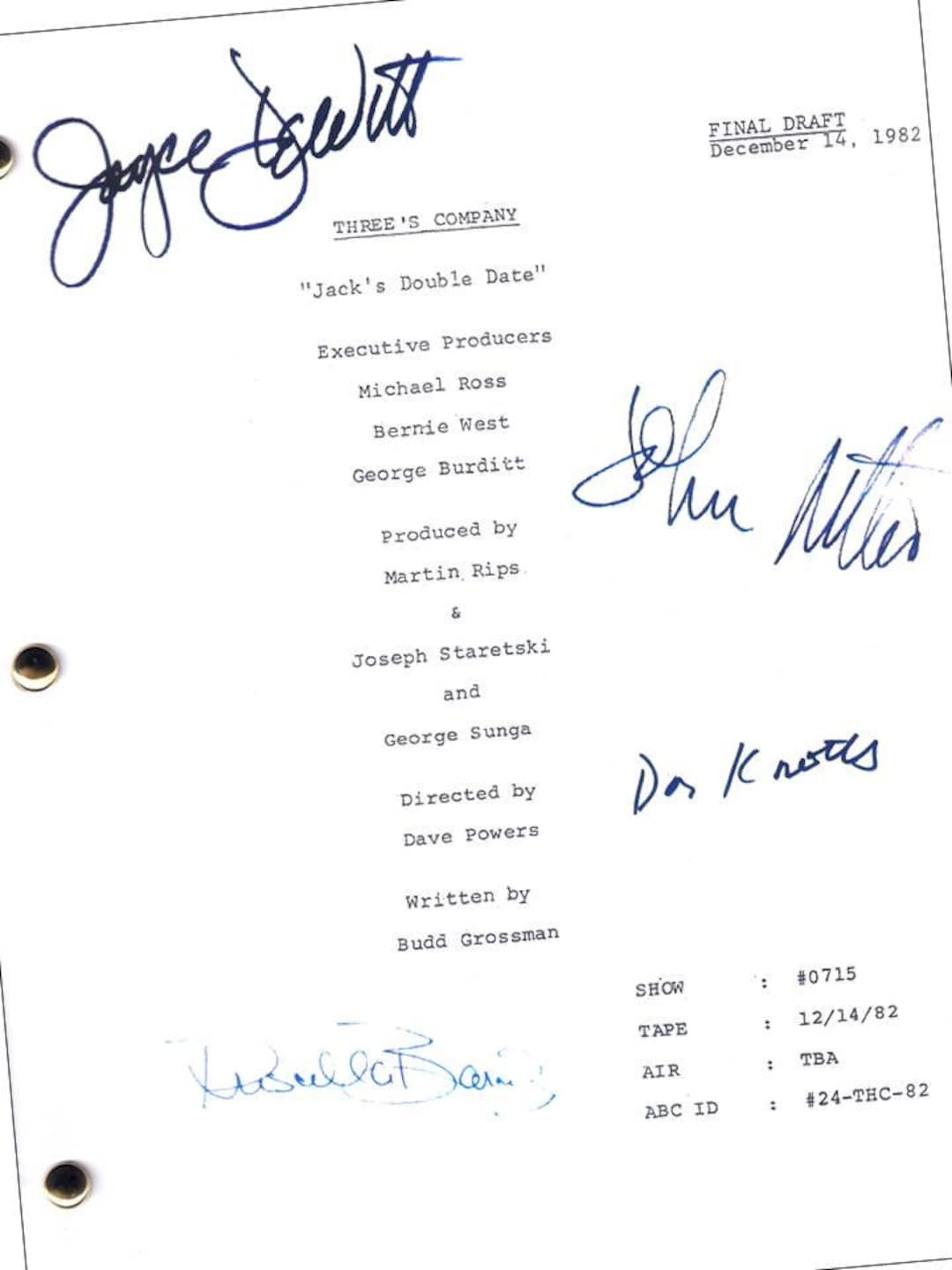 Three's Company jack's Double Date Signed Script John Ritter, Joyce ...