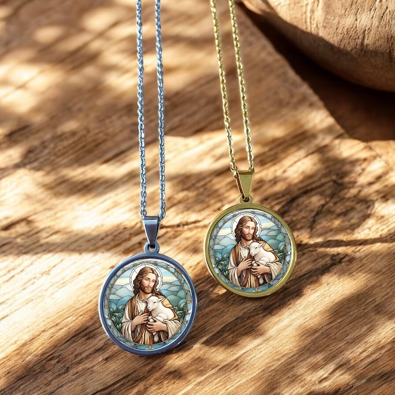 Jesus and Lamb Stained Glass Pendant Necklace – Gold or Silver ...