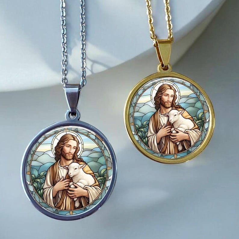 Jesus and Lamb Stained Glass Pendant Necklace – Gold or Silver ...
