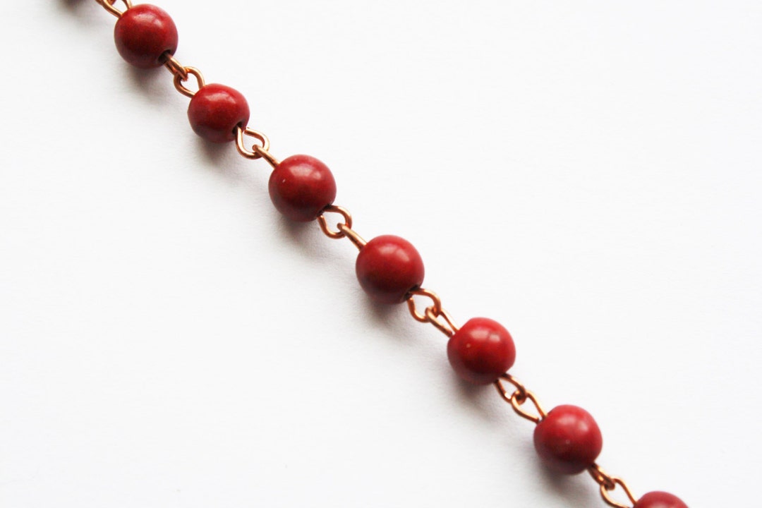 Rosary Chain, Red Round Beaded Chain, Red Beads on Copper Color Links ...