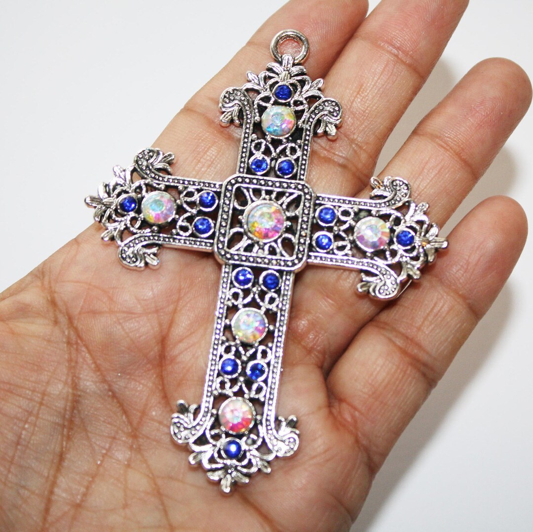 Silver Cross, Blue Rhinestone Cross, Large Silver Cross Pendant, Cross ...
