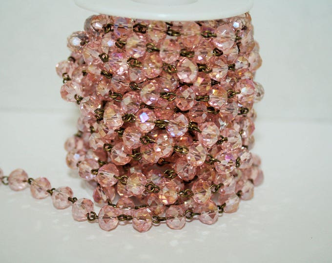 Pink AB Rondelle Beaded Chain Beads on Brass Color Links Rosary Chain ...