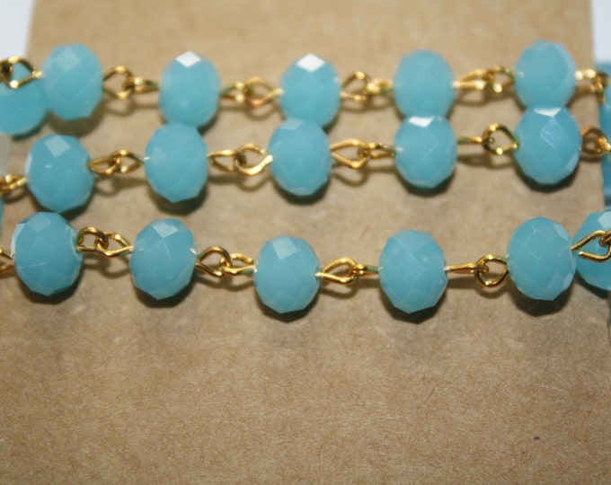 Blue Rondelle Beaded Chain - Beads on Gold Color Links - Rosary Chain ...