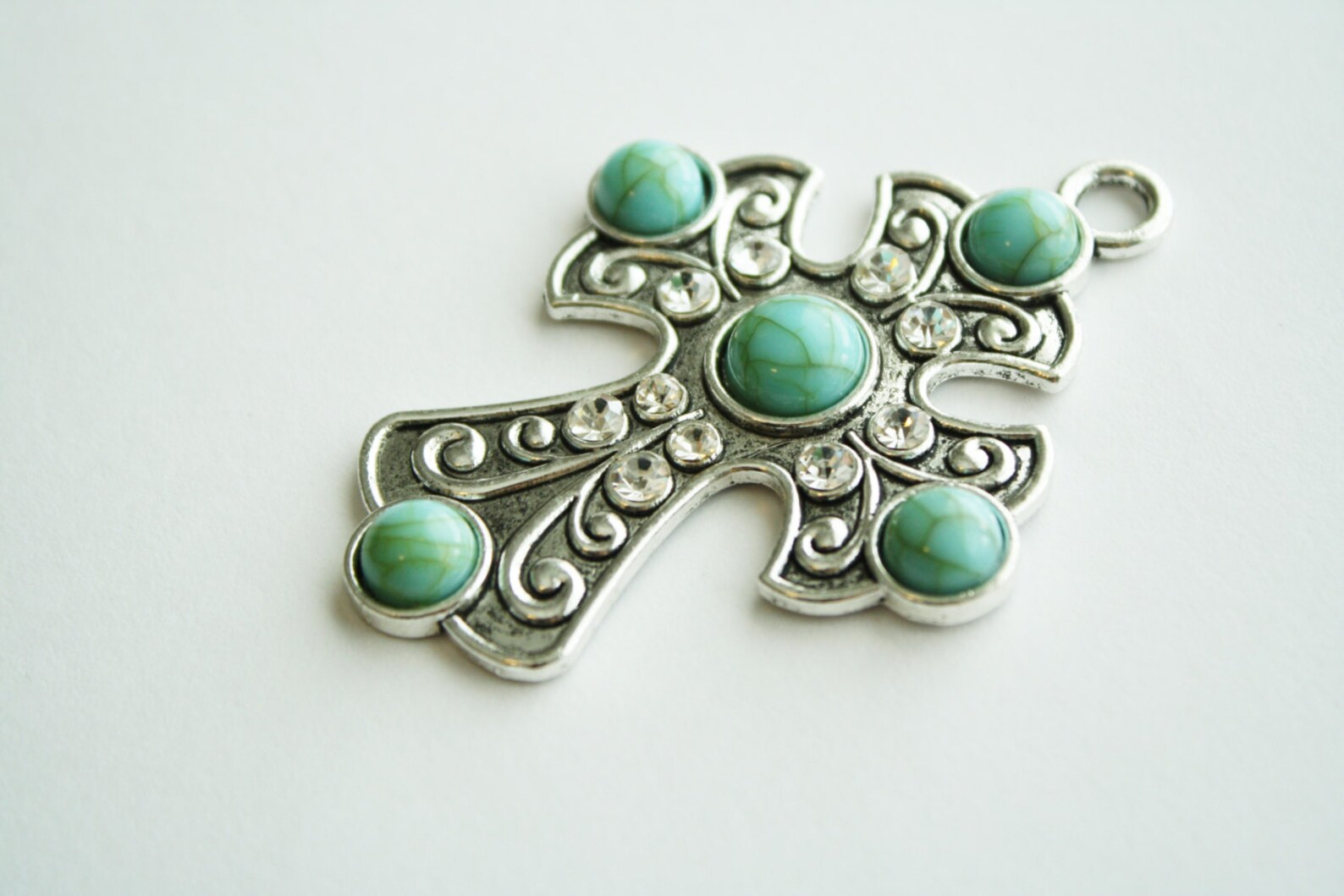 Large Cross Pendant Pewter Silver With A Howlite Turquoise, Rhinestones ...