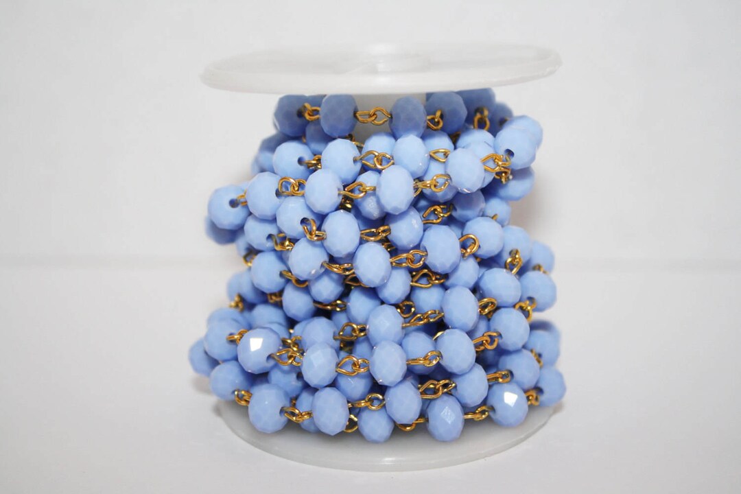Light Blue Rondelle Beaded Chain - Beads on Gold Color Links - Rosary ...
