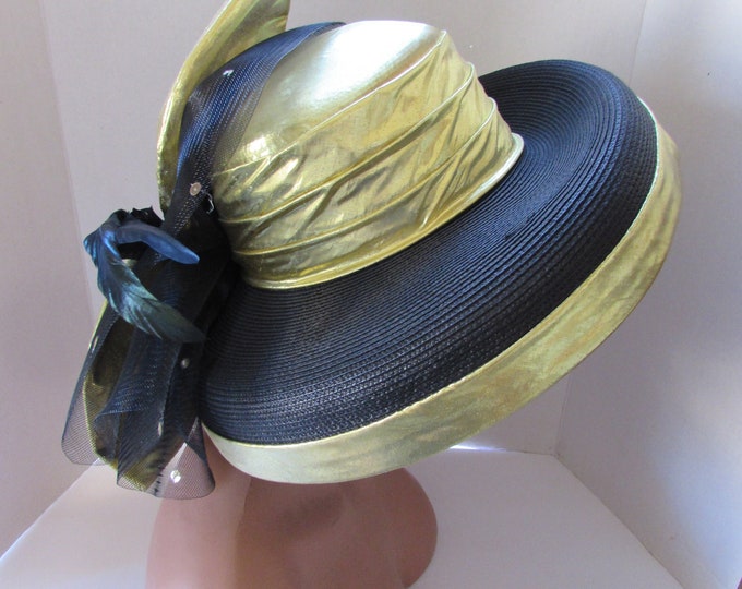 Vintage Hat Statement Hat Church Hat Derby Hat Gold Lame' Black Netting ...