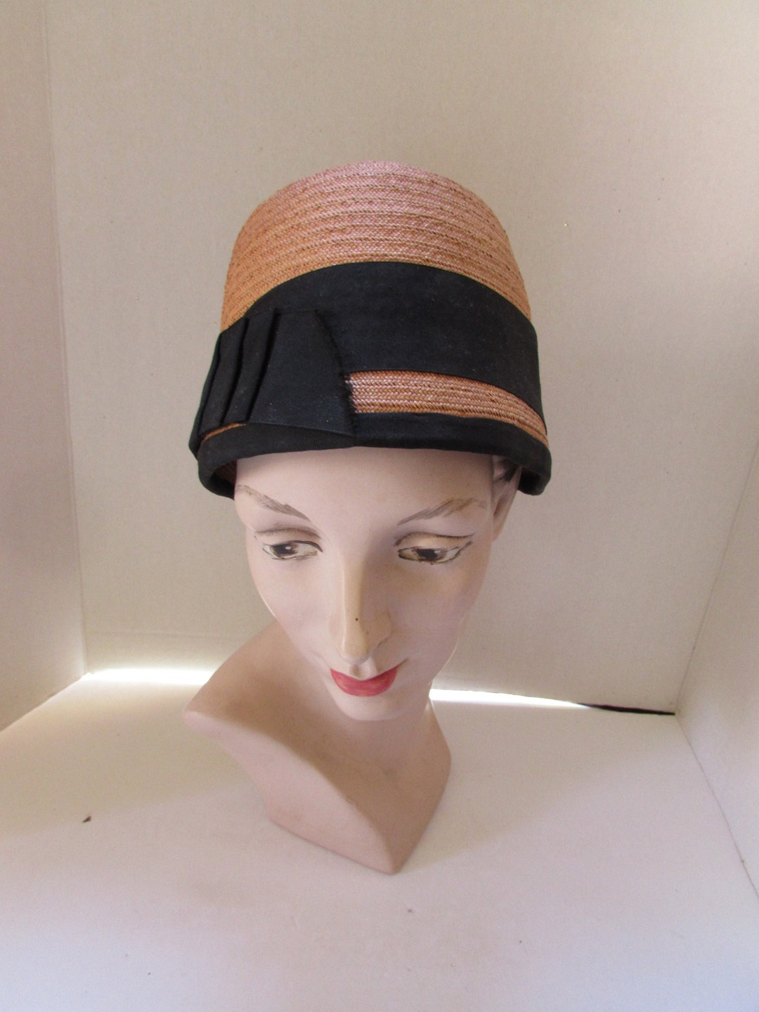 Vintage Hat Cloche Style Woven Straw Black Ribbon Accents Folded Ribbon ...