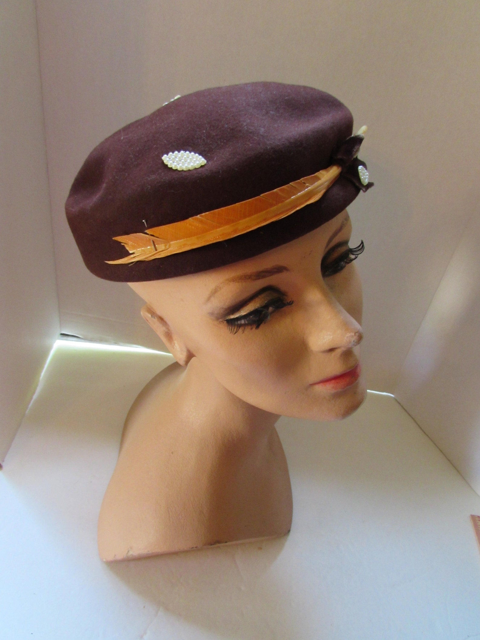 Mid Century Hat Chocolate Brown Felt Squash Color Feather - Etsy