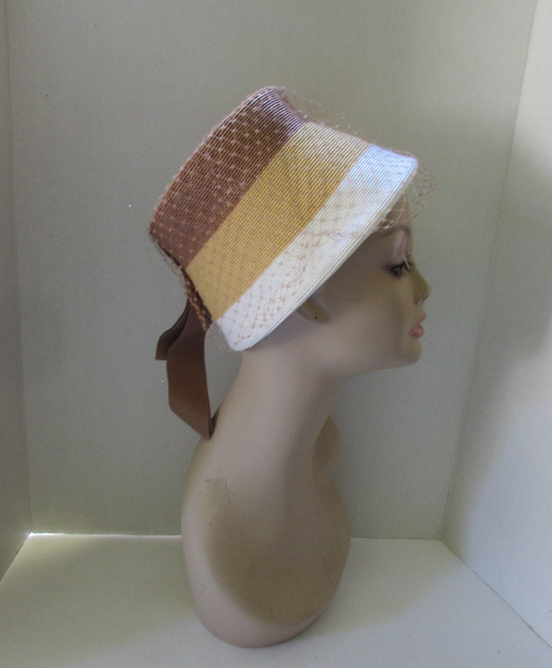 Vintage Hat Bucket Style 1960 Era Bands of Color Cocoa Mustard White ...