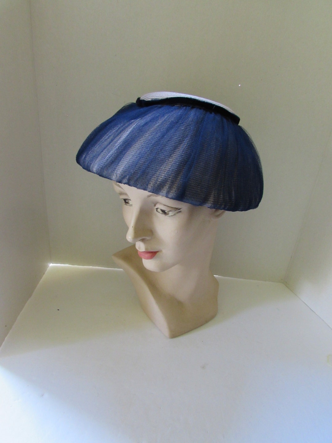 Vintage Hat Modified Lampshade Style Chez Original Navy Netting Gray ...
