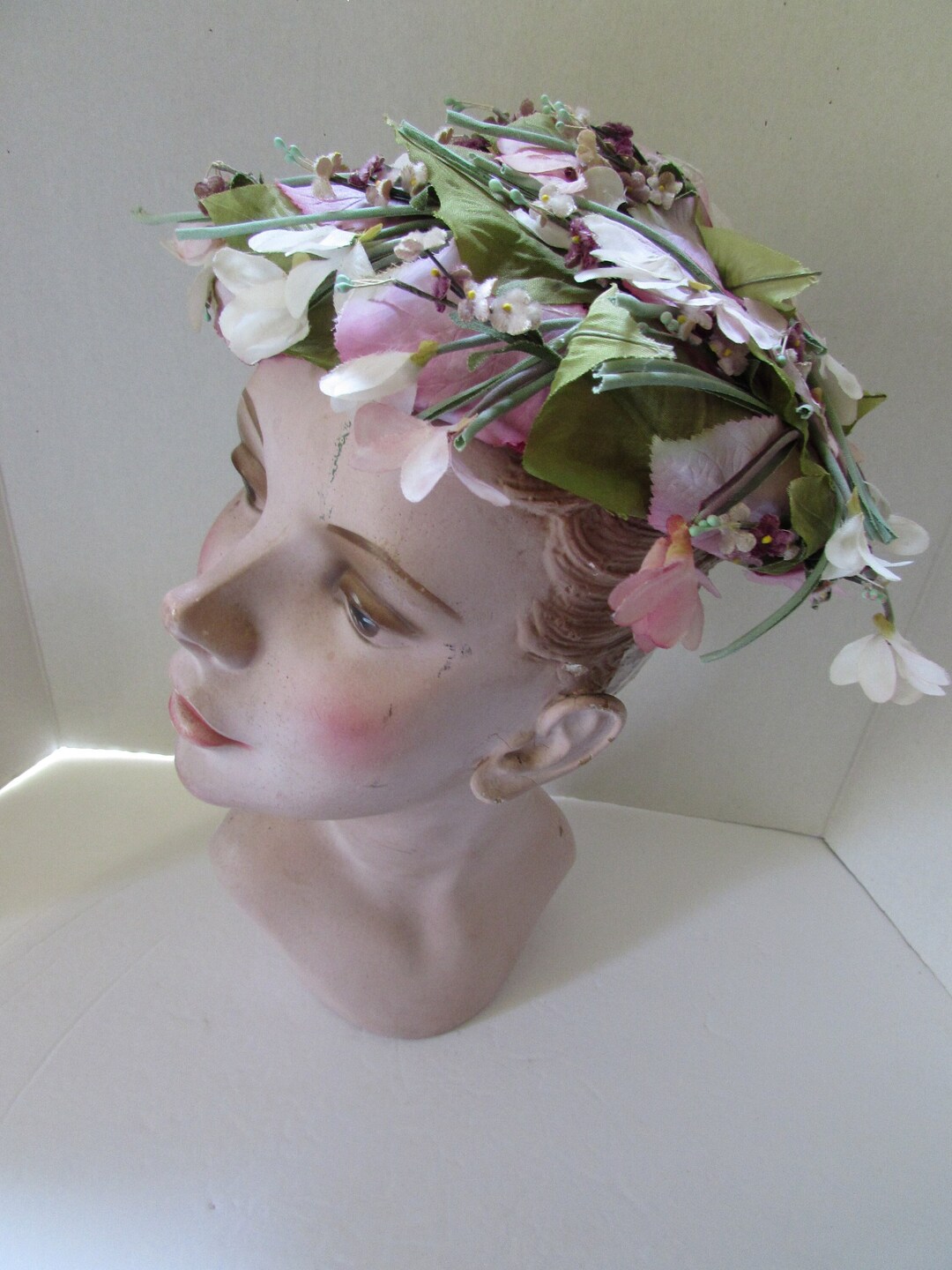 Vintage Hat Pink Flower Hat Satin Stems Small Purple Clusters Green ...