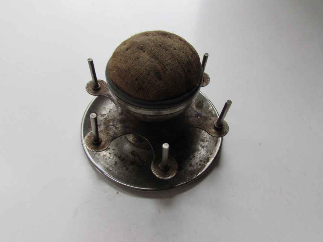 Vintage Sewing Metal Thread Holder Six Spindle Velvet Pincushion Early ...