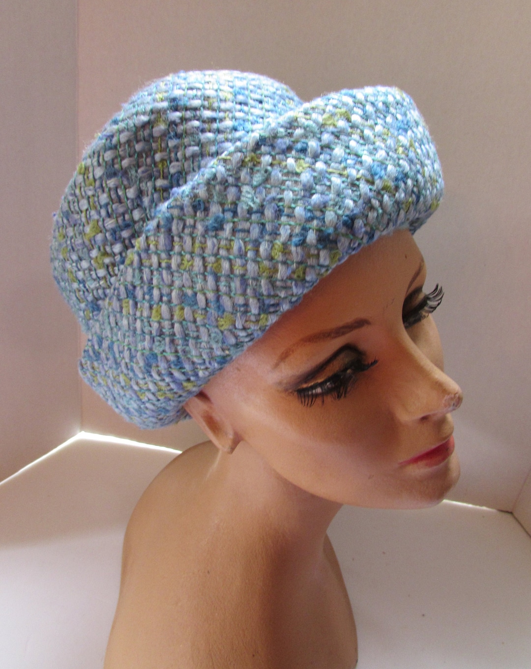 Mid Century Hat High Crown High Brim Shades of Blue Hint of Lime Boucle ...