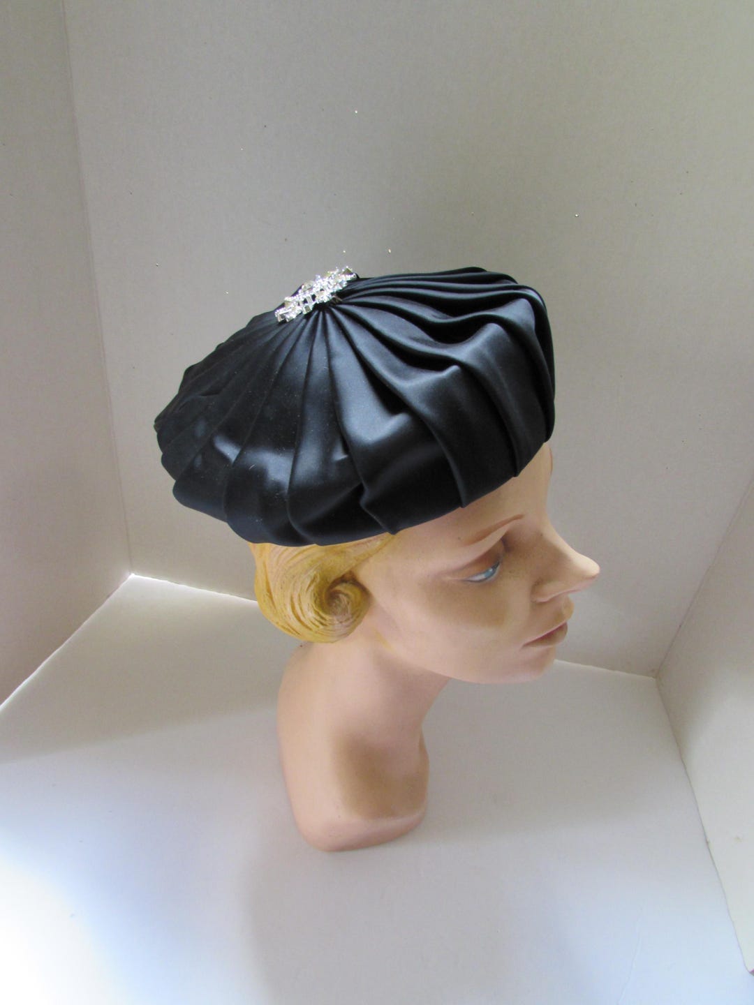 Vintage Hat Mid Century Design Formal Hat Black Satin Swirled Pleats ...