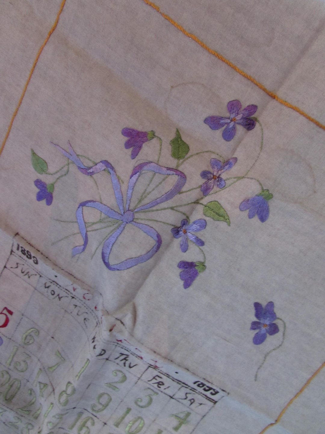 Antique Pillow Top 1899 Calendar Hand Embroidered Purple Violets Days ...