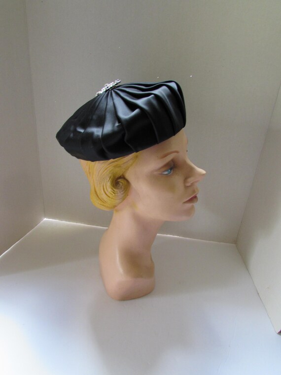 Vintage Hat Mid Century Design Formal Hat Black Satin… - Gem