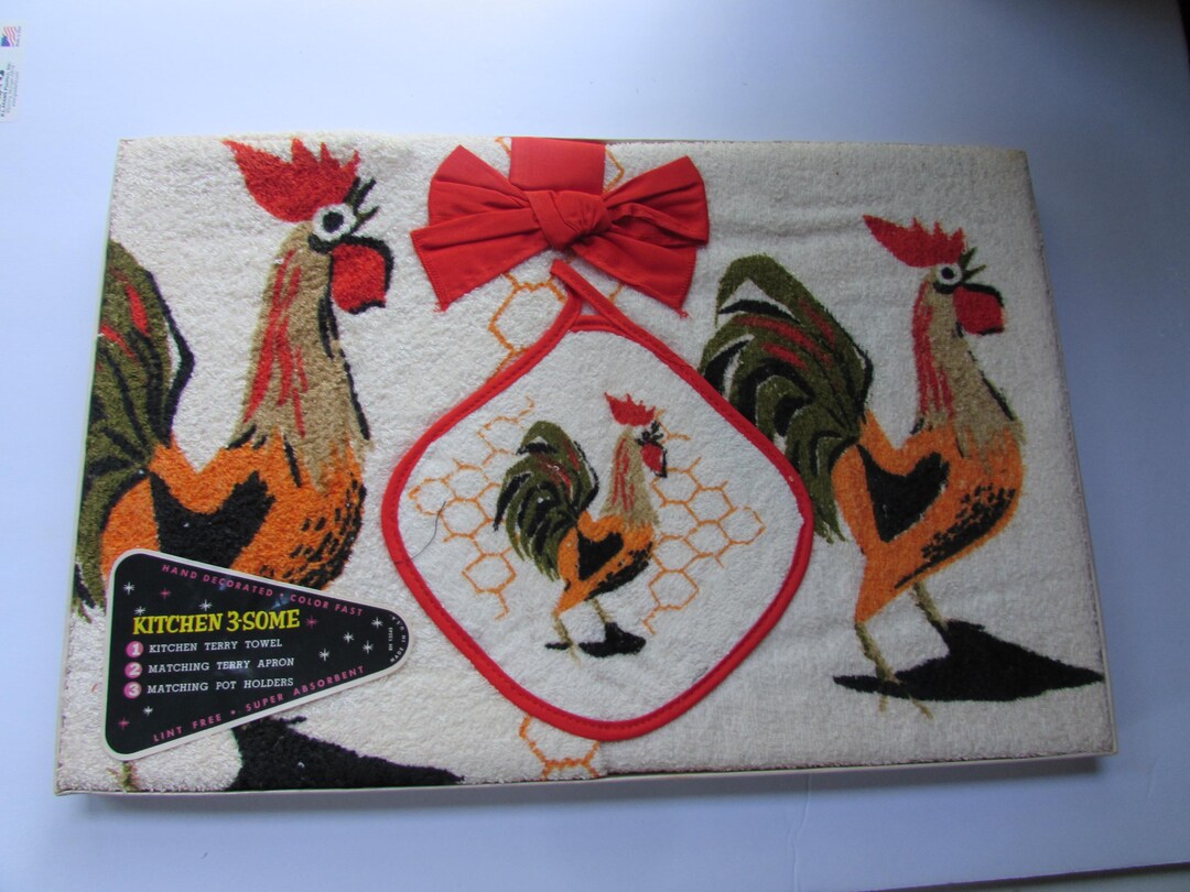Vintage Kitchen Unused Set Rooster Theme Terry Cloth Ladies Apron ...