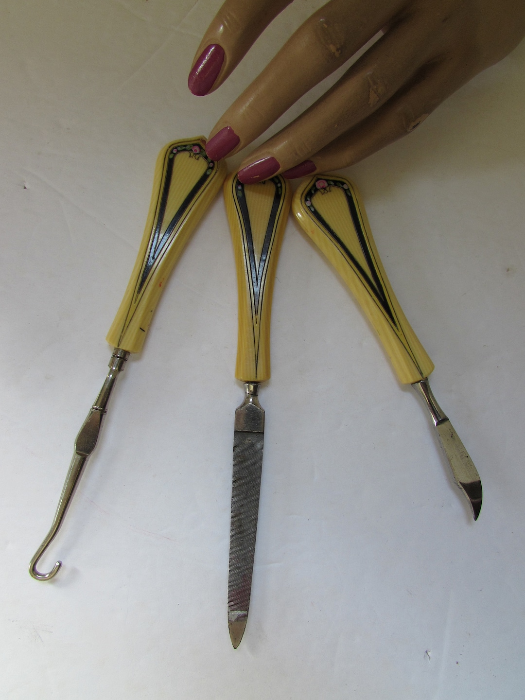 Vintage Vanity Set Manicure Set Three Piece Set French Ivory Painted ...