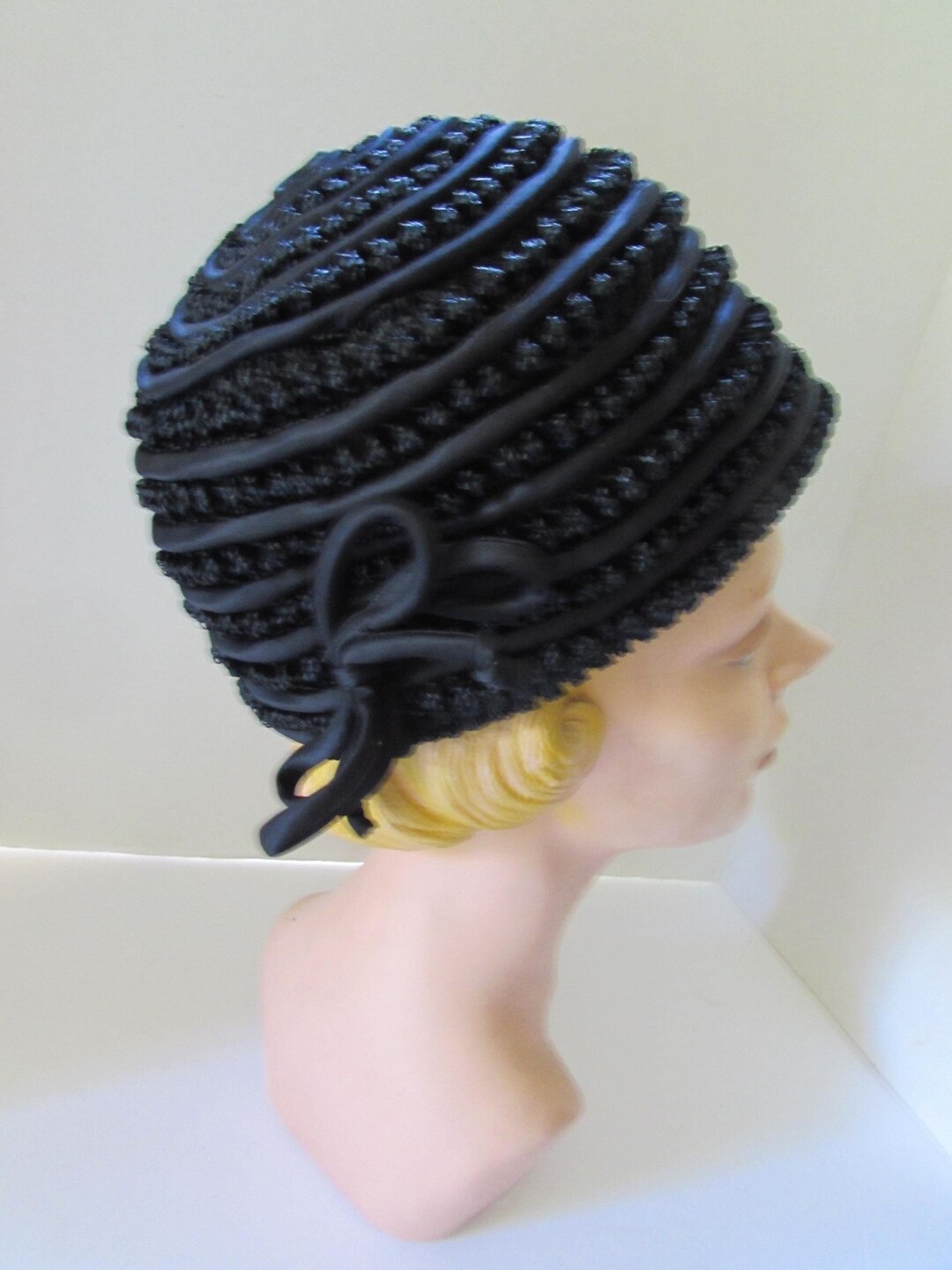 Vintage Hat Bubble Style Black Cello Concentric Circles Satin Bow 1960 ...
