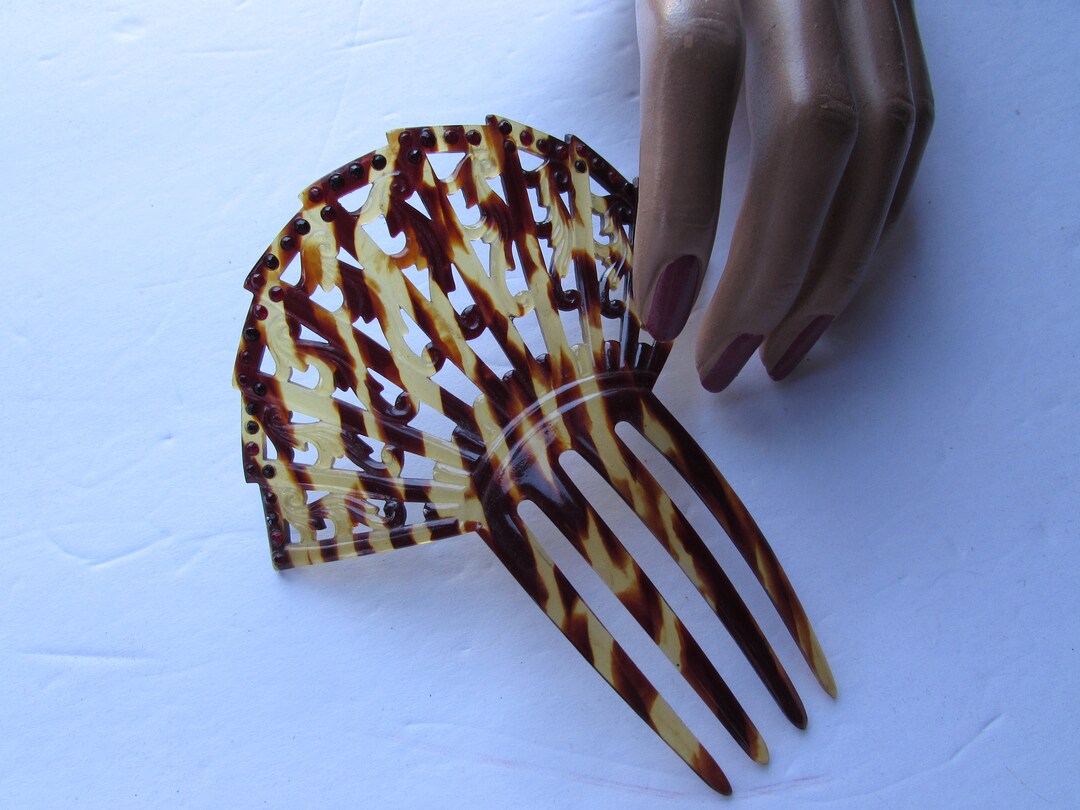 Vintage Hair Comb Faux Tortoise Shell Plastic Brown & Cream Open Work ...