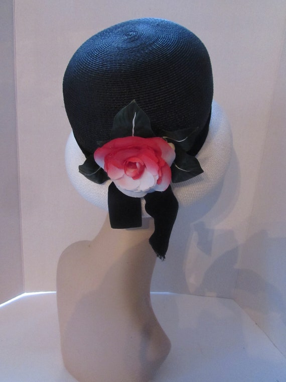 1960 Era Lampshade Style Vintage Hat Woven Black Whi… - Gem