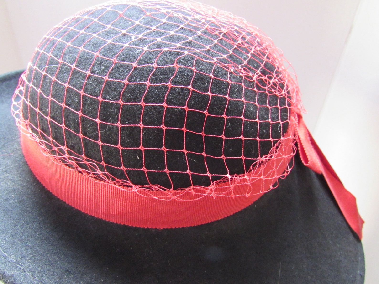 Mid Century Hat Black Felt Hat Red Ribbon Red Hat Veil Tear | Etsy