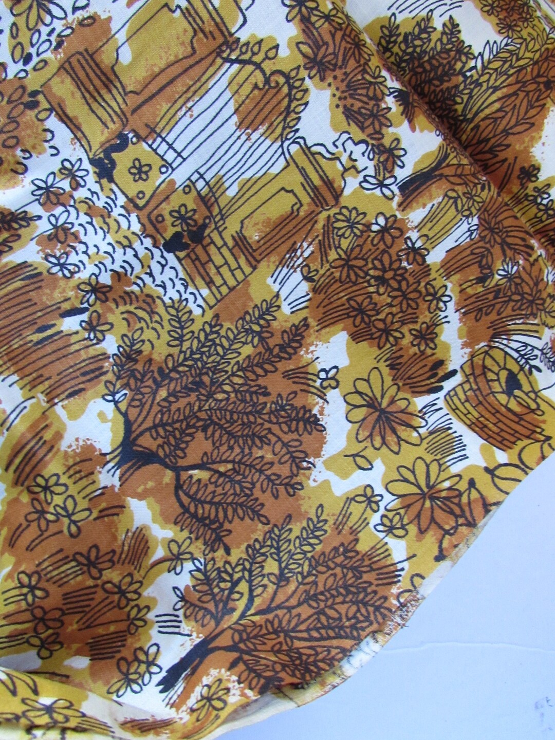 Length of Fabric Cotton Fabric Toile Design Fall Colors Brown Yellow ...