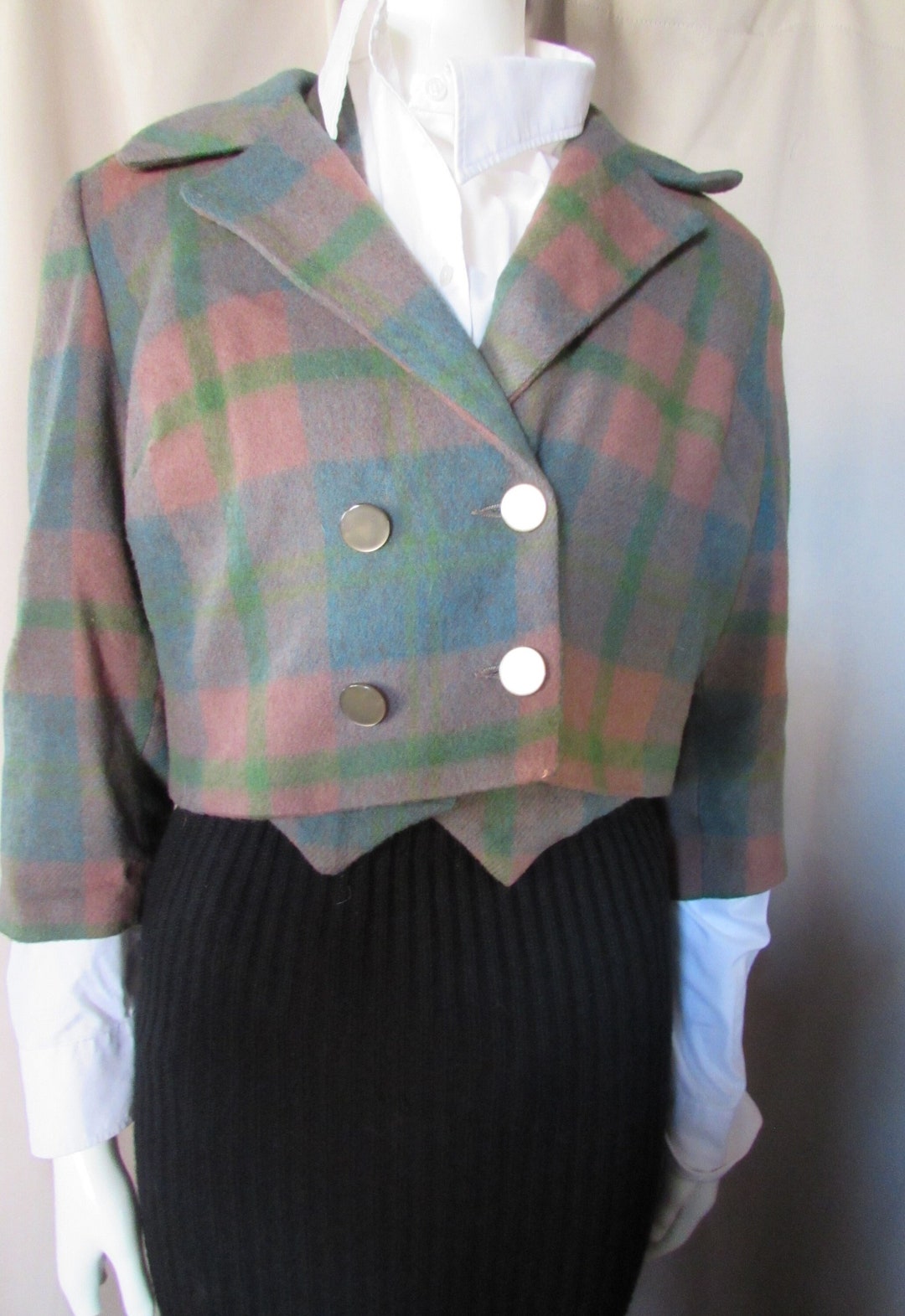 Matching Set Short Jacket Weskit Vest Muted Plaid Slate Blue Cinnamon ...