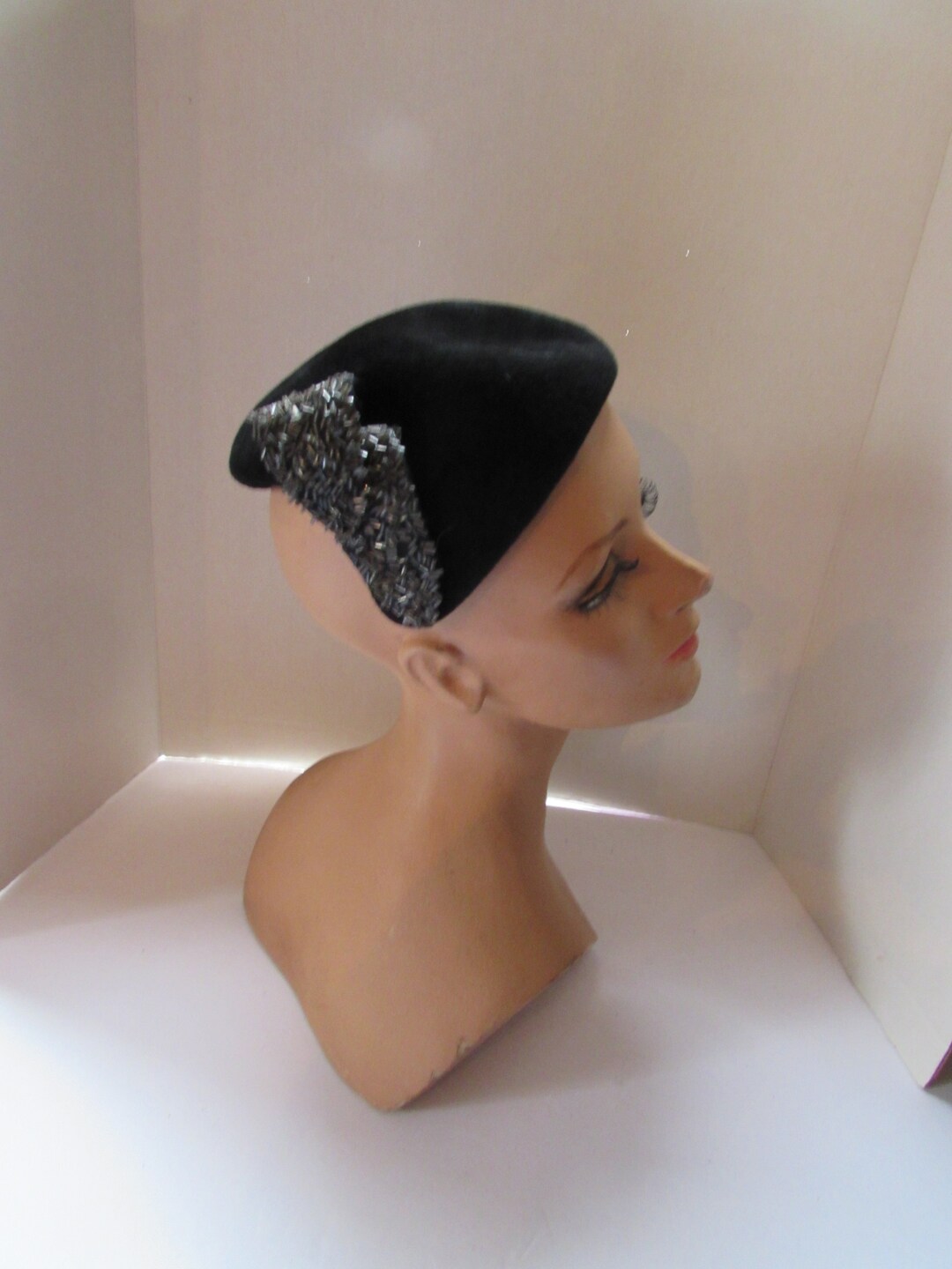 Vintage Hat Mid Century Half Hat Black Color Genuine Velour Silvery ...