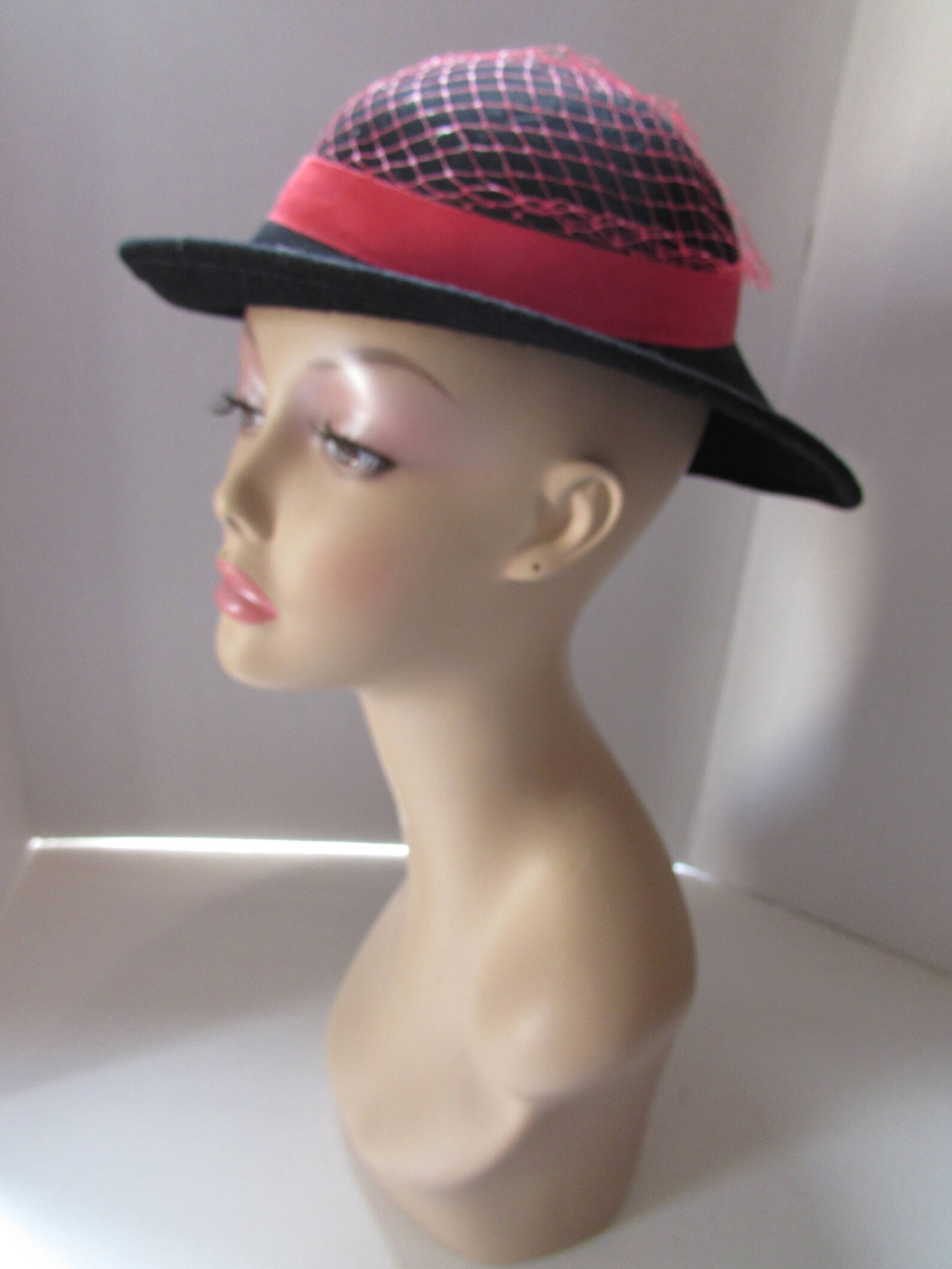 Mid Century Hat Black Felt Hat Red Ribbon Red Hat Veil Tear | Etsy