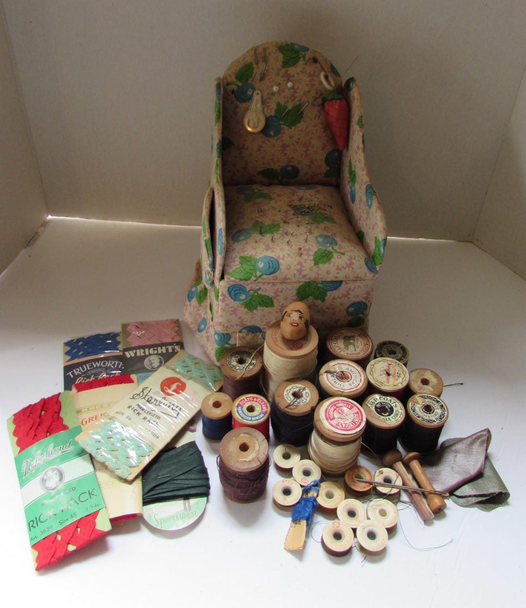 Vintage Pincushion Chair Shape Strawberry Emery Germany Needle Threader ...