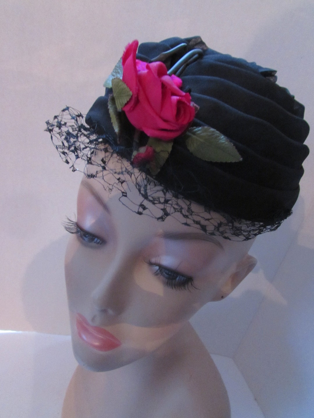 Mid Century Hat Formal Style Hat Black Organdy Swirl Layers Red Velvet ...