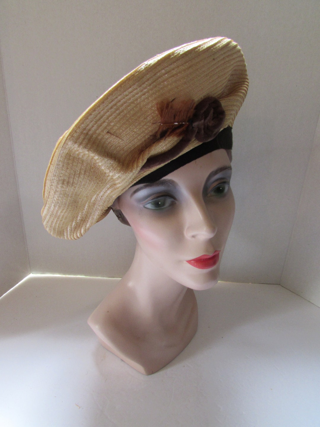 Beret Style Hat Straw Hat Butter Yellow Mid Century Design Charming ...