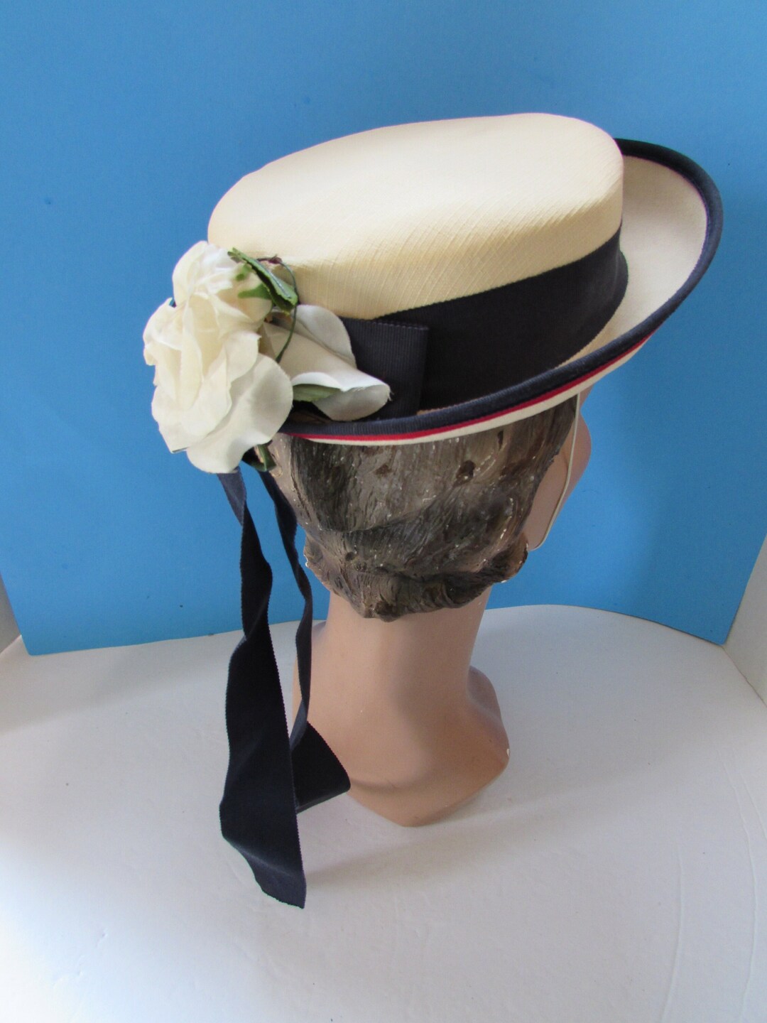 Vintage Hat Sailor Style Boater Style Girl Hat Red White Blue White ...