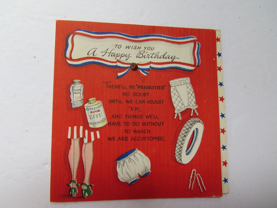 Birthday Card 1942 Date WWII Era Rationed Items for the Duration Red ...