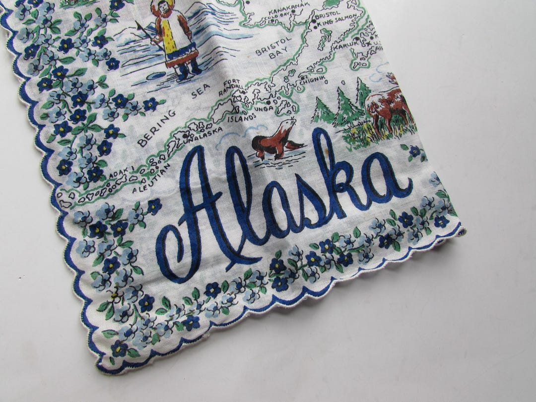 Vintage Handkerchief Souvenir Alaska Souvenir Hankie Blue White Alaska ...