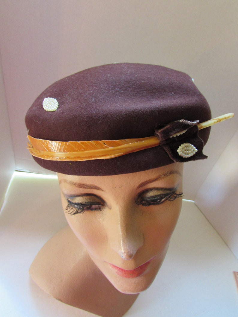 Mid Century Hat Chocolate Brown Felt Squash Color Feather Vintage Hats ...