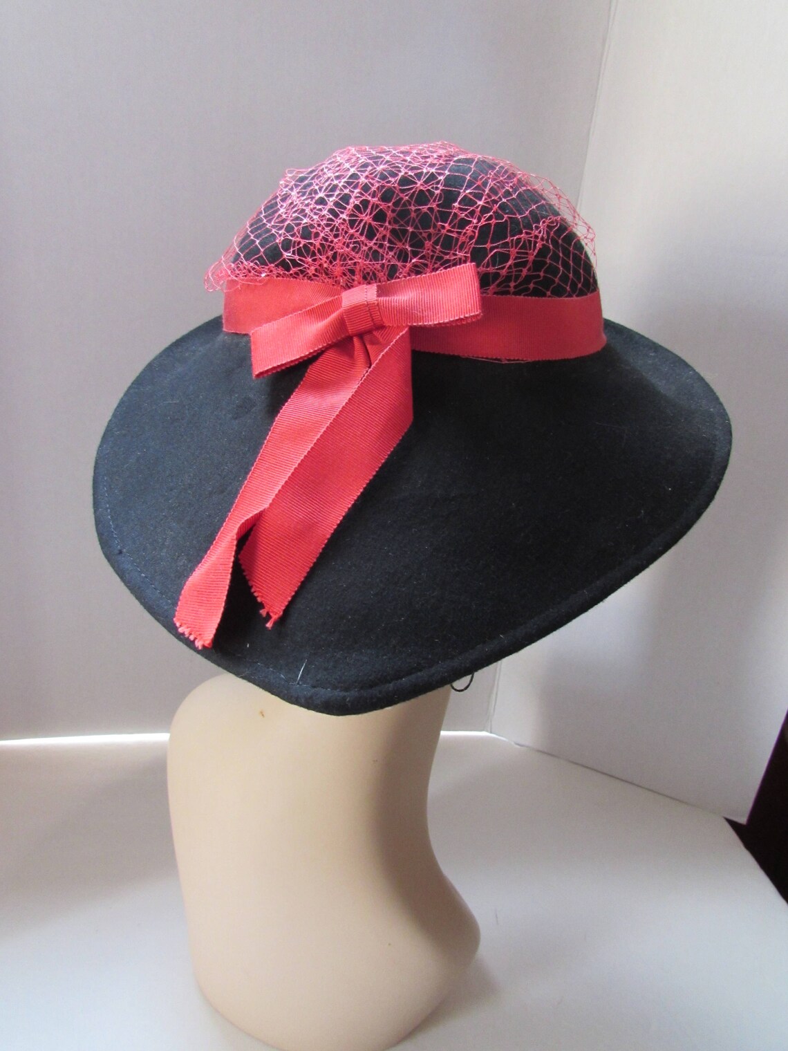 Mid Century Hat Black Felt Hat Red Ribbon Red Hat Veil Tear | Etsy