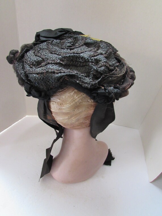 SALE Antique Bonnet Victorian Era Hat Black Straw Chi… - Gem
